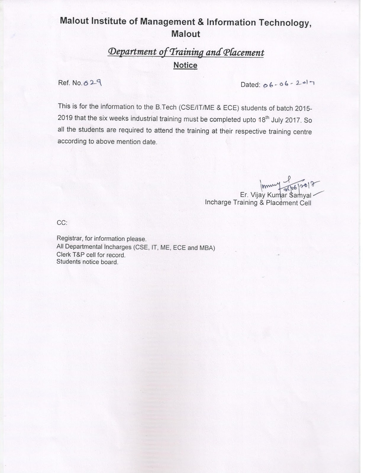 NOTICE ( SIX Week Training)