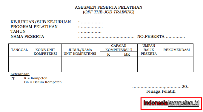 Contoh Formulir Asesmen Peserta Pelatihan (Off the Job Training ...
