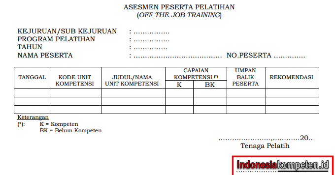 Contoh Formulir Asesmen Peserta Pelatihan (Off the Job Training ...