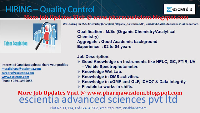 Escientia Advanced Sciences Pvt. Ltd - Urgently Hiring for Quality ...