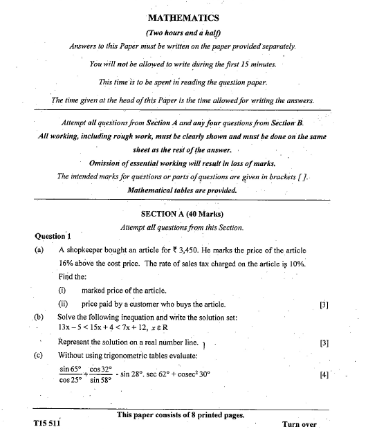 ICSE Previous Exam Paper: Mathematics 2015 Question Paper - University ...