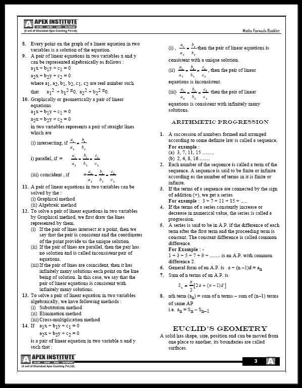 APEX INSTITUTE : MATHEMATICS FORMULA BOOKLET FOR FOUNDATION BATCH