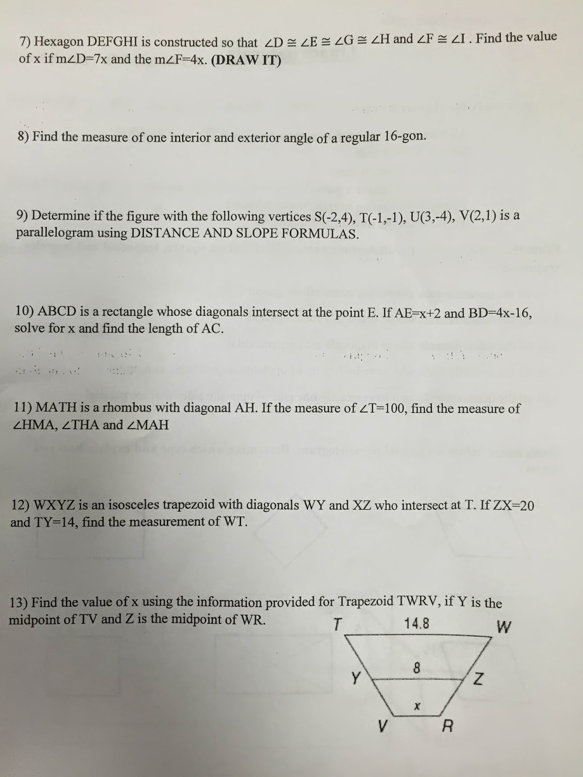 Honors Geometry Vintage High School Chapter 6 Quadrilaterals Test