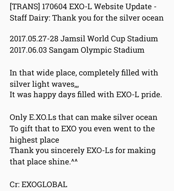 170604 EXO-L Website Staff Diary Update; "Thank you for the Silver ...