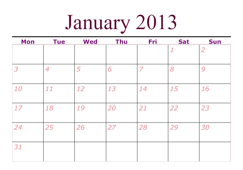 Teenage Ticket: January 2013 Calendar Page
