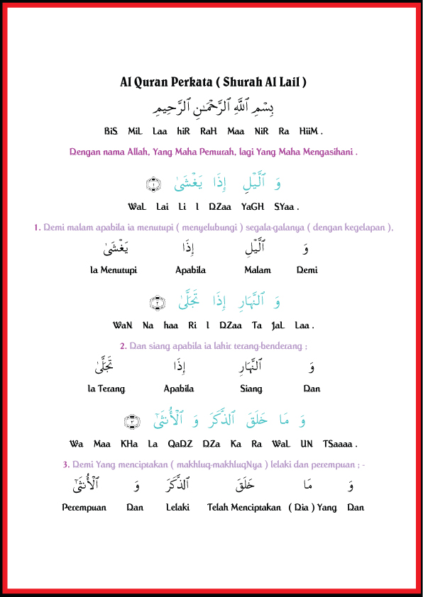 kitab jawi lama ( rumi ): Juz 'Amma - Shurah Al Lail Perkata