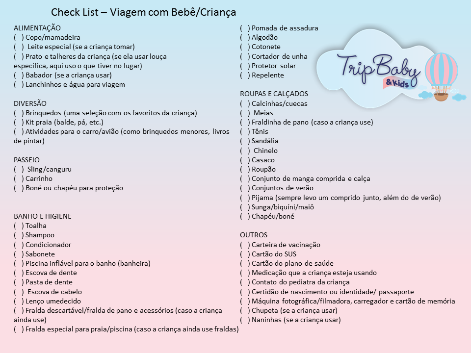 Check List para Viajar com Bebê e Criança | TripBabyKids