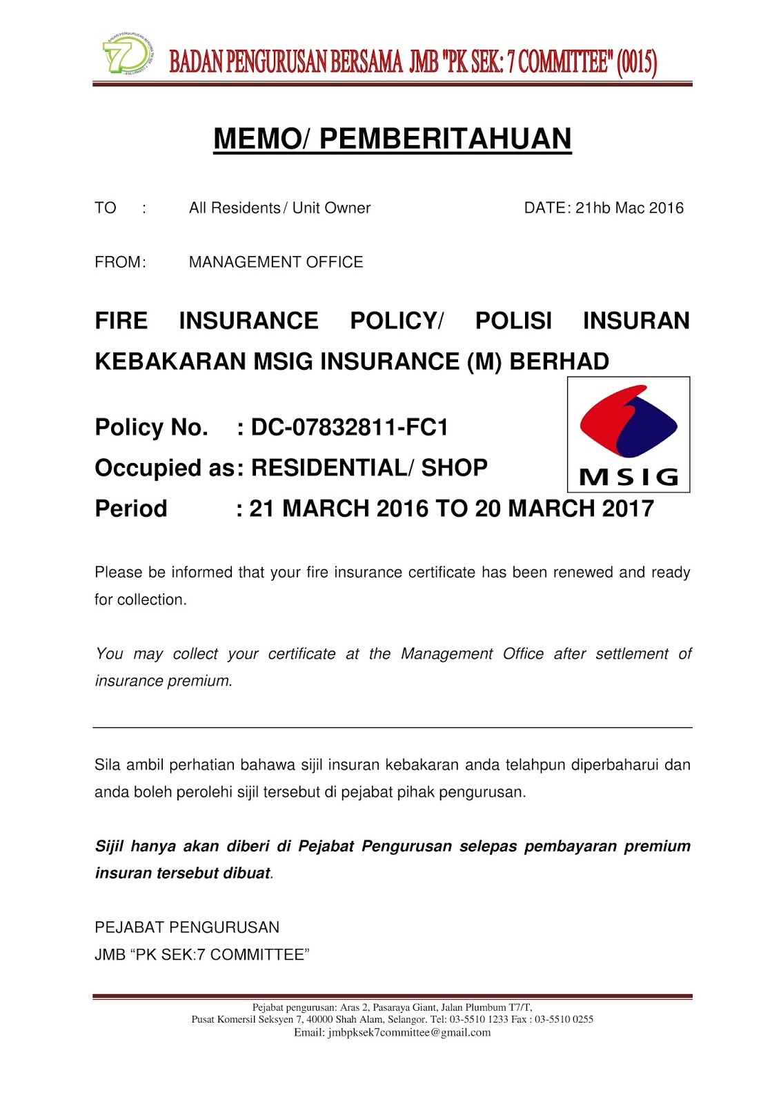 SIJIL INSURAN KEBAKARAN TELAH DIPERBAHARUI – Badan Pengurusan Bersama ...