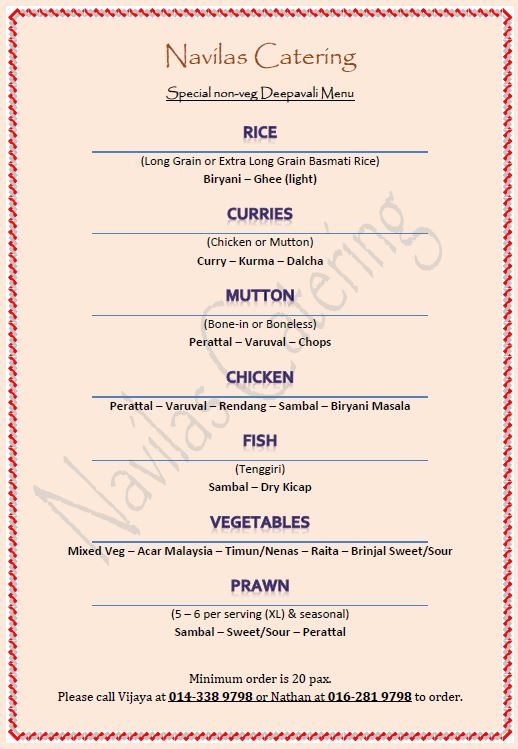 Navilas Catering - Authentic Home Cooking: Navilas - 2017 Deepavali Menu