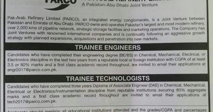 Parco Jobs | Trainee Engineers Required | Apply Before 5 Nov 2017