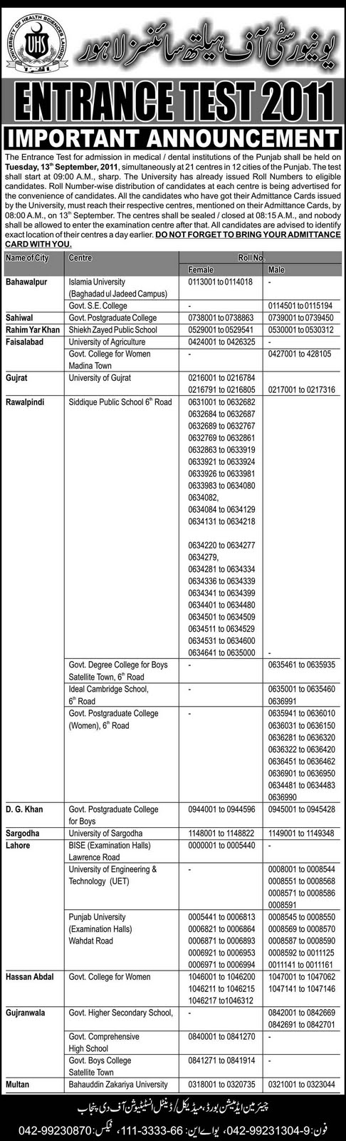 Admission in Pakistan: 12-Sep-2011