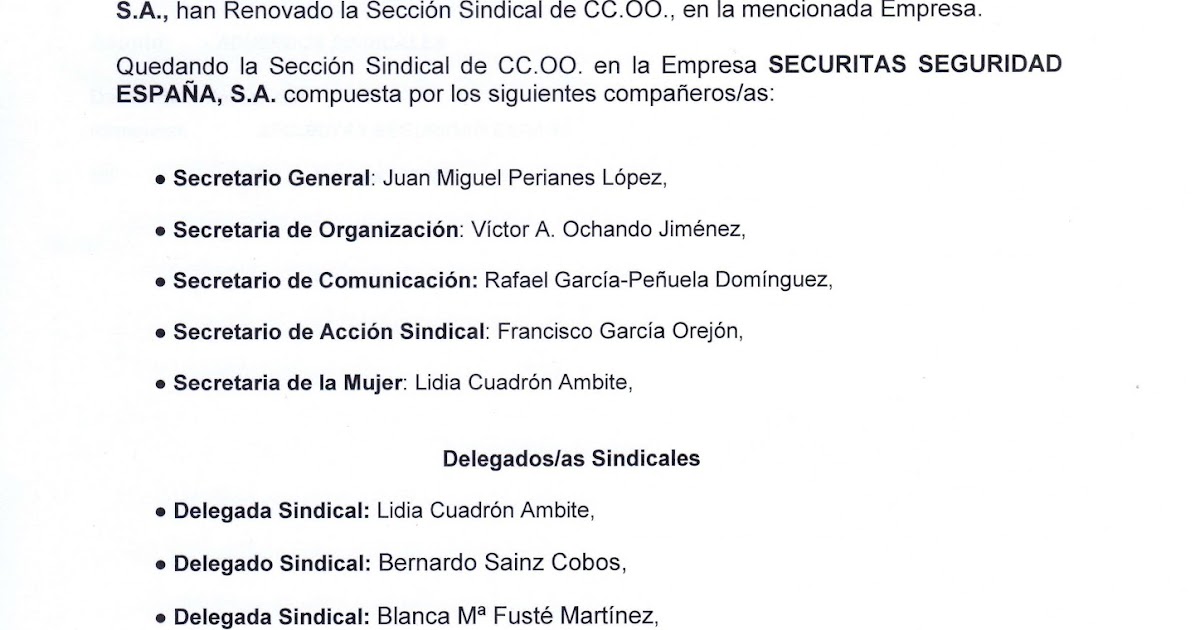SECURRITOS CC.OO. MADRID: RENOVACIÓN DE LA SECCIÓN SINDICAL DE CC.OO ... SECURRITOS CC.OO. MADRID: RENOVACIÓN DE LA SECCIÓN SINDICAL DE CC.OO ...