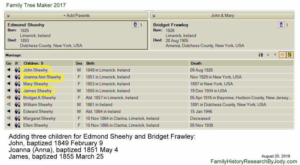 Family History Research by Jody Lutter: More Children for Edmond Sheehy ...