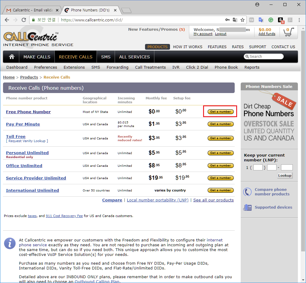 CallCentric : How to get free US phone number