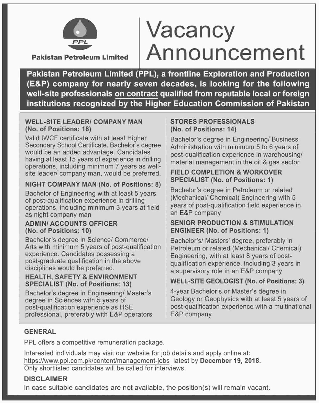 Pakistan Petroleum Limited PPL Jobs 2019 Apply Online By www.ppl.com.pk ...