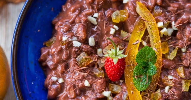 Dark Chocolate Rice Pudding with Candied Orange Peel