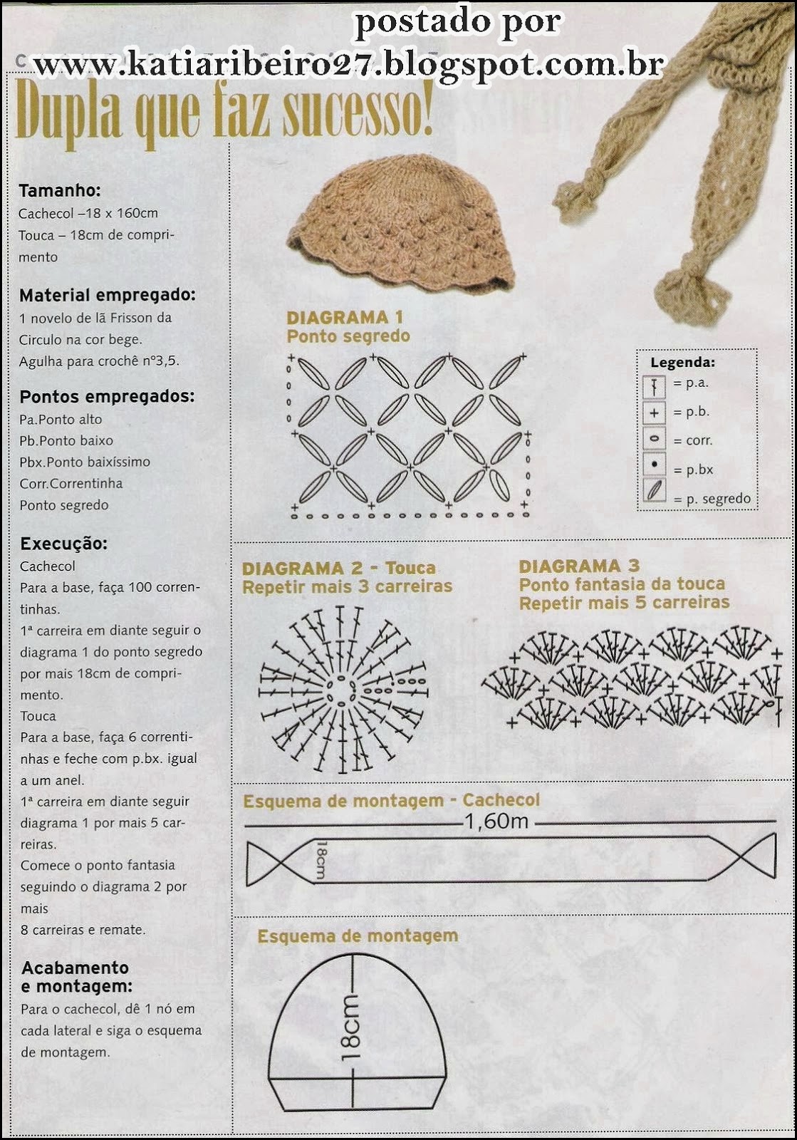 Touca e cachecol em crochê com gráfico e receita - Katia Ribeiro Crochê ...