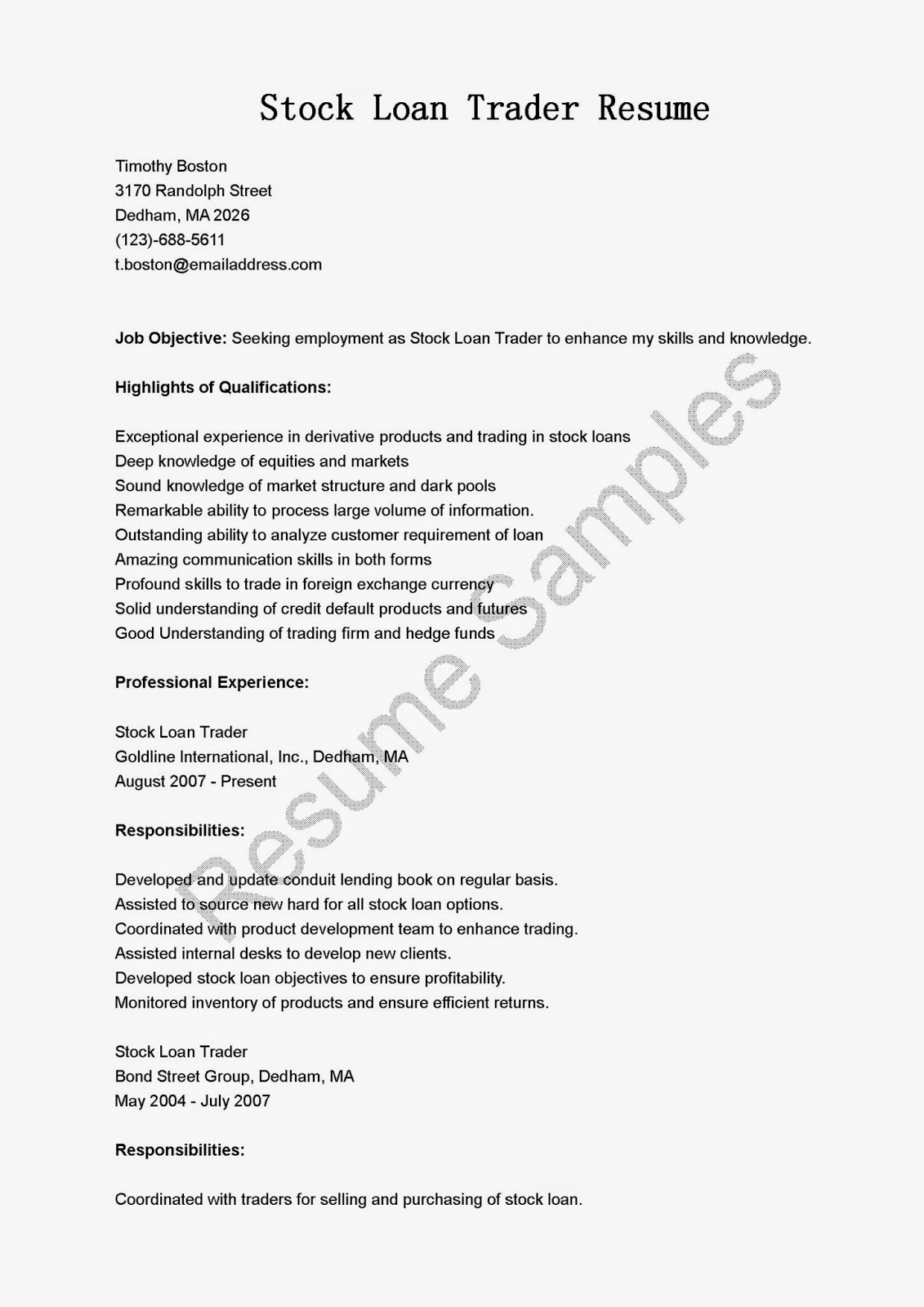 Resume Samples: Stock Loan Trader Resume Sample