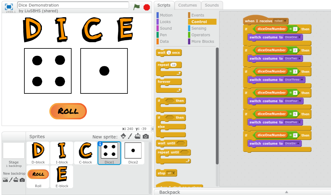 Coding Classes at Belmont Station: Day Four: Creating Dice Continued and Starting to Code in Scratch