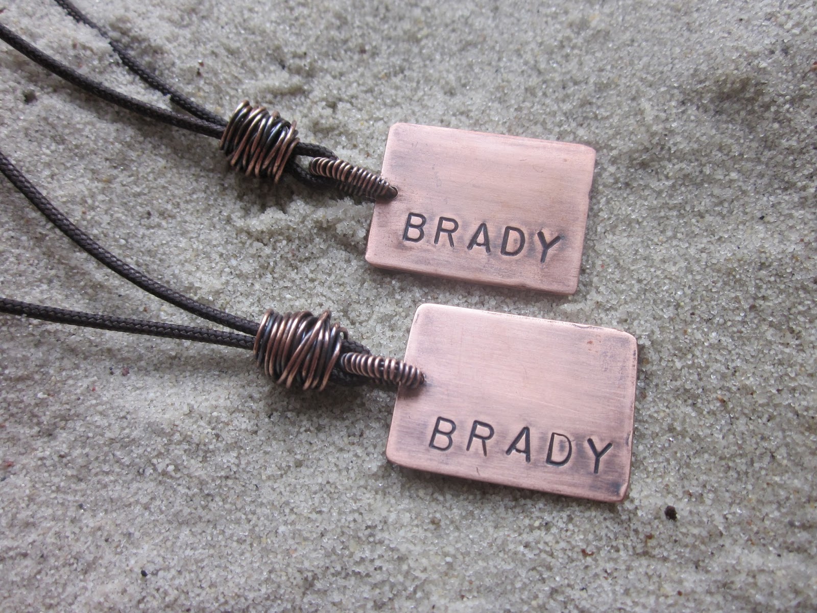 wearartbyjulie: Copper Name Tags with Wire Wrapped Beads