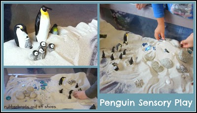 small world penguin play in the sand table - rubber boots and elf shoes