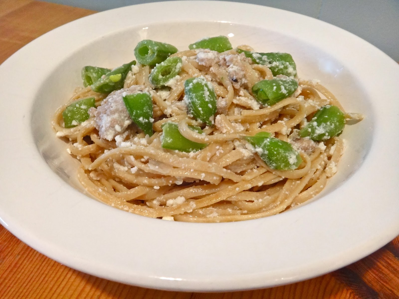 Spaghetti with Snap Peas, Turkey Sausage and Ricotta