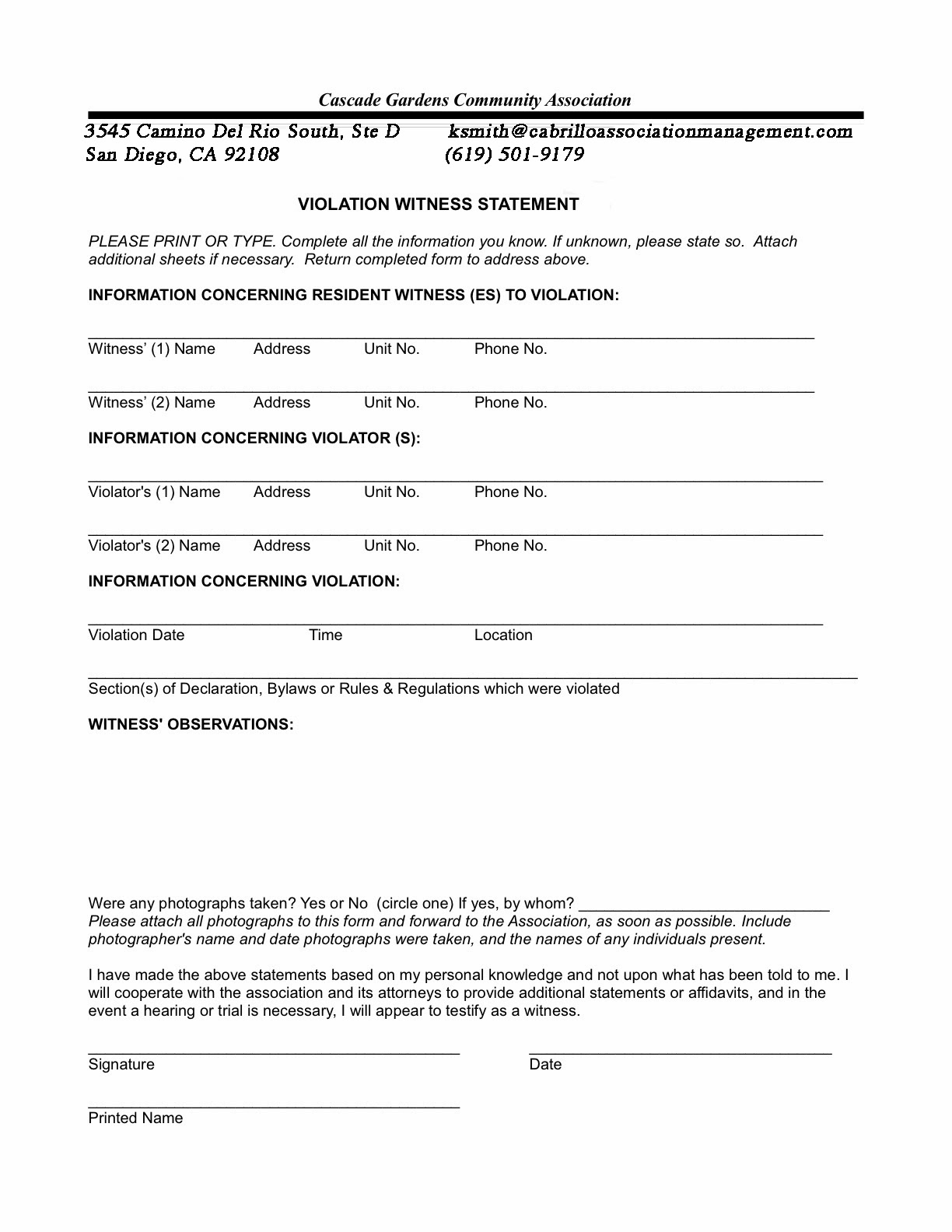 Cascade Gardens Homeowners Association: Violation report