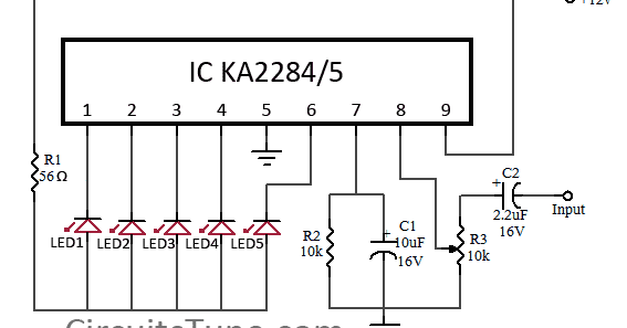 5 LED VU meter circuit diagram using KA2284 | CircuitsTune
