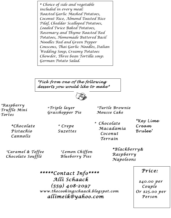 The Cooking Schaack: Adult Cooking Class Menu