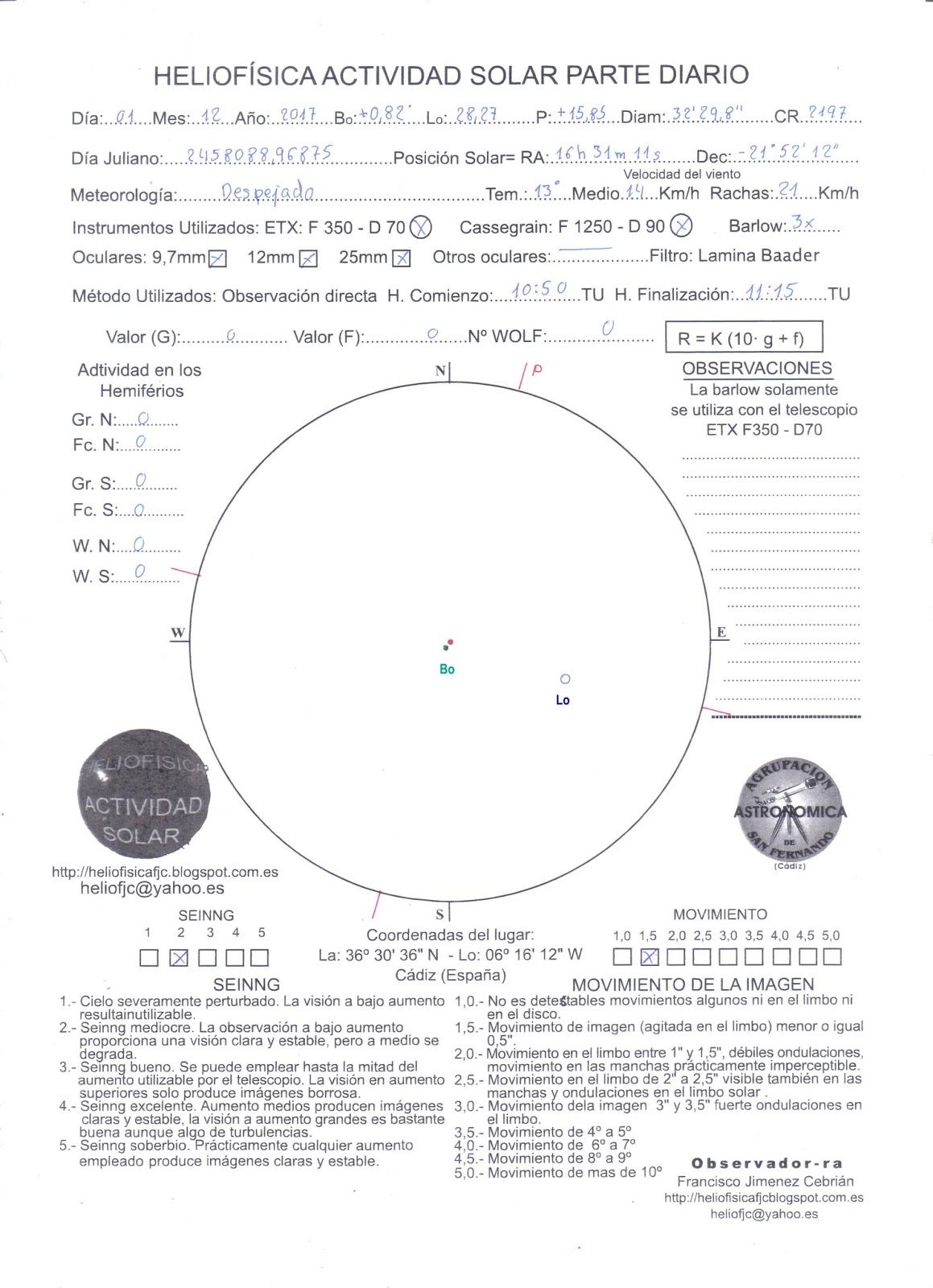 Heliofísica: [OBSERVACIÓN SOLAR / SOLAR OBSERVATION 01/12/2017]