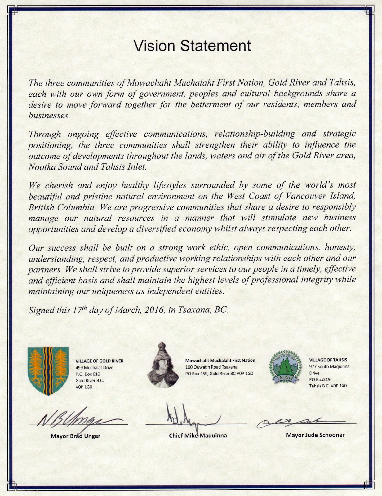 Tahsis Living: Shared Vision Statement