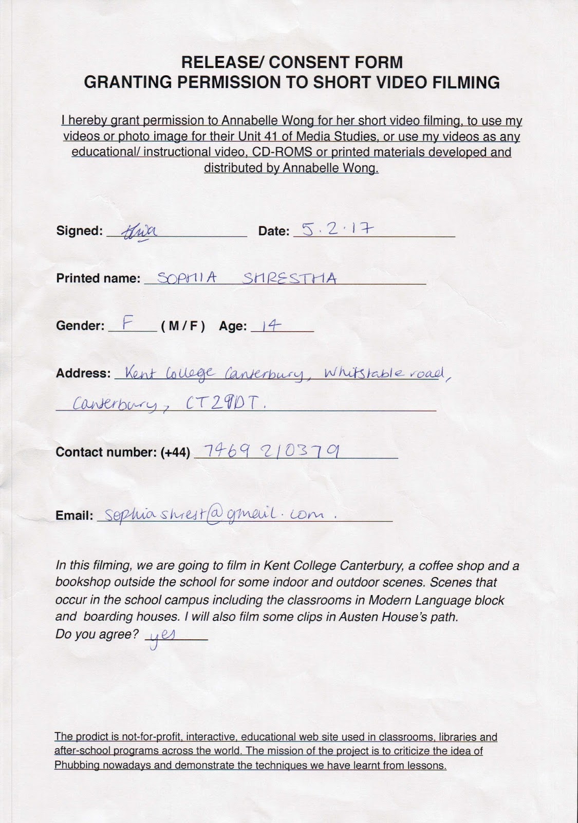 Unit 41 CTM Annabelle Wong : P1(h) Crew & Actor Call Sheet