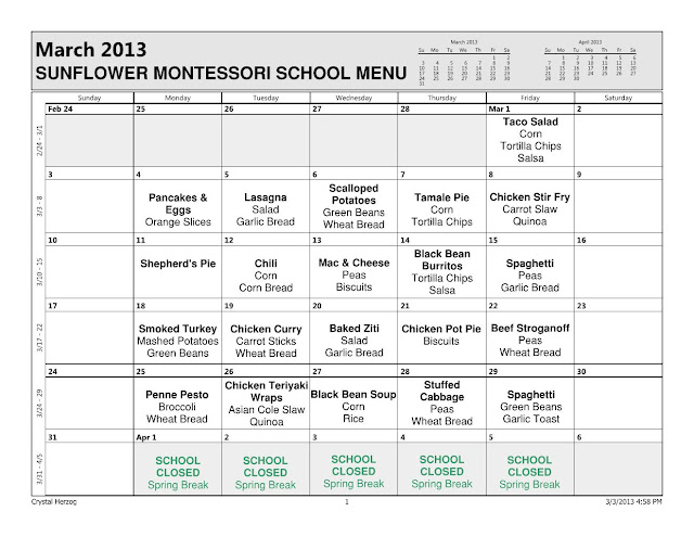 Sunflower Montessori Parents' Association: March Lunch Menu