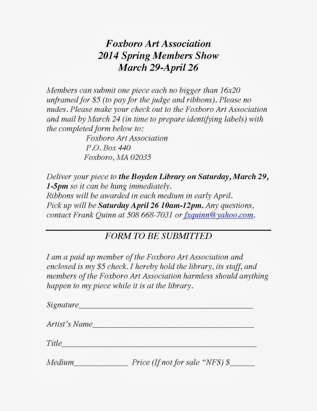 Foxboro Art Association: Spring Member Show Entry Form