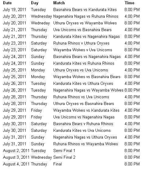 Sri Lankan Premier League Schedule | SPL 2011 Fixtures