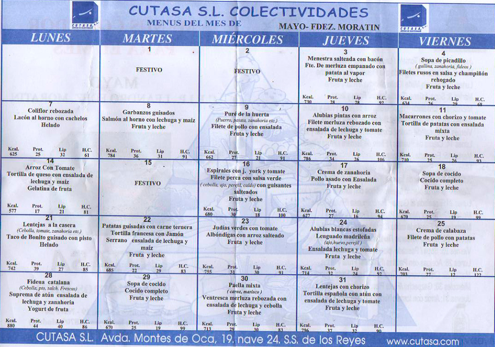 AMPA Colegio Fernández Moratín: Menú Comedor - Mayo 2012