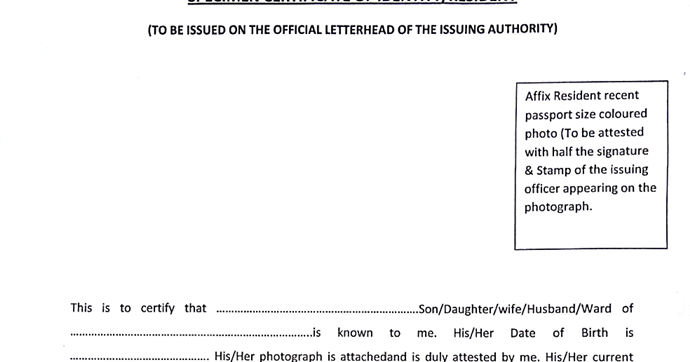 Specimen Certificate of Identity / Resident