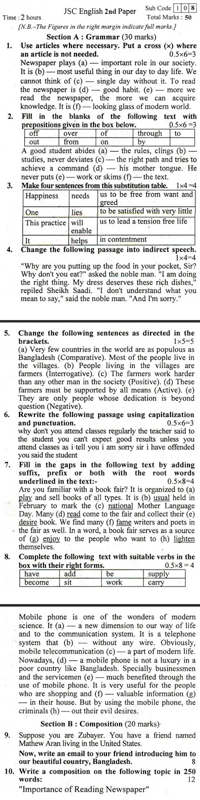 JSC English 2nd Paper Model Question - 02
