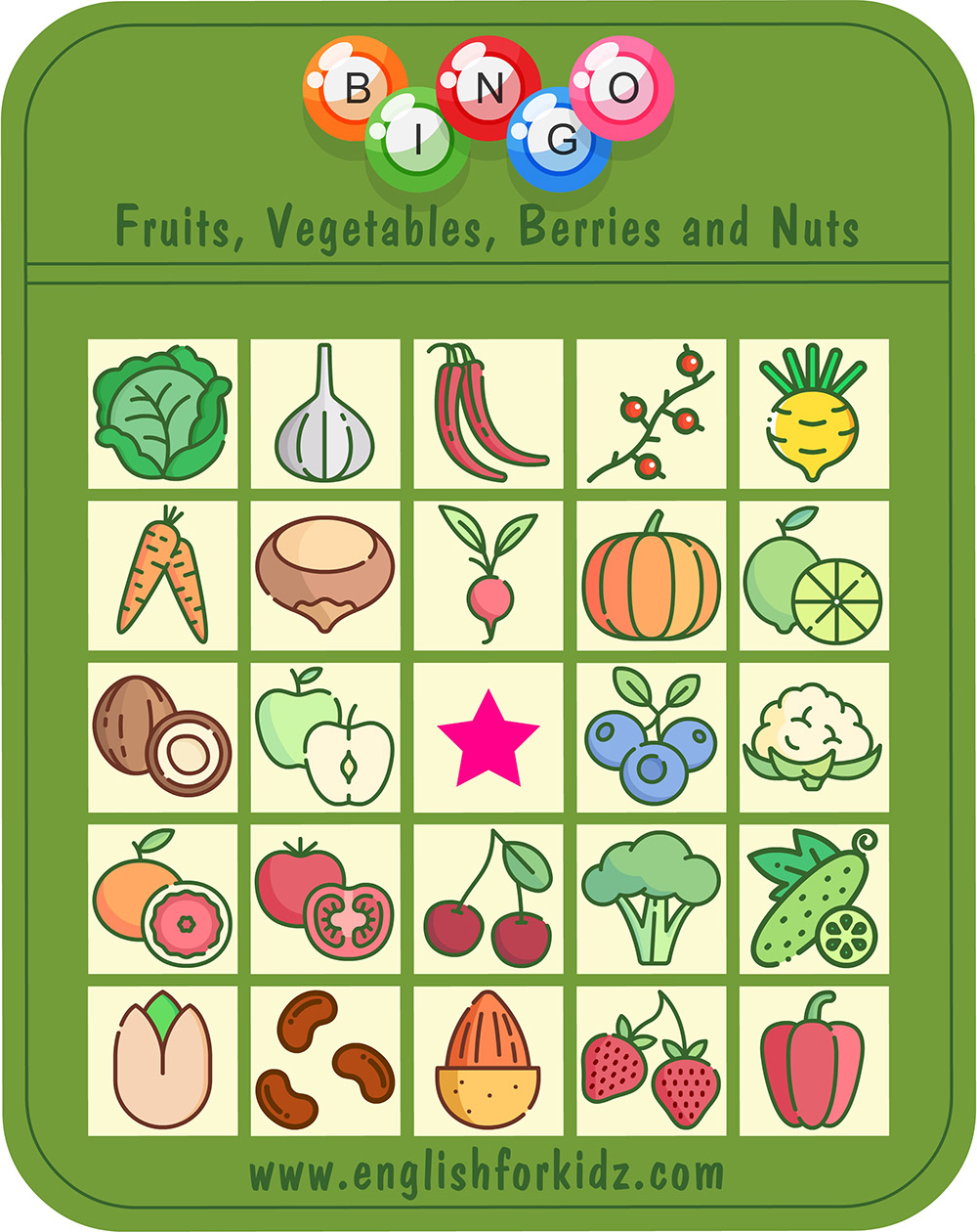English for Kids Step by Step: Fruits and Vegetables Bingo Game