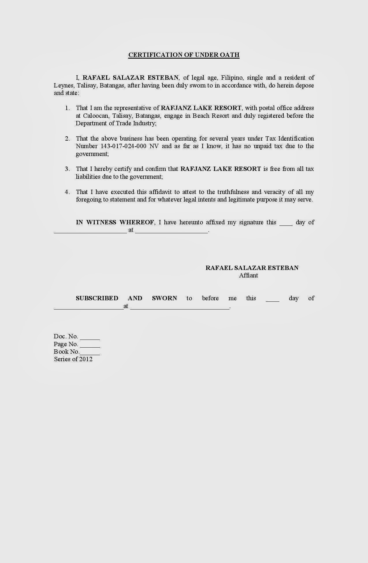 CERTIFICATION OF UNDER OATH (Sample)