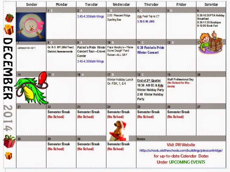 Pleasant Ridge Elementary: December & January Calendars