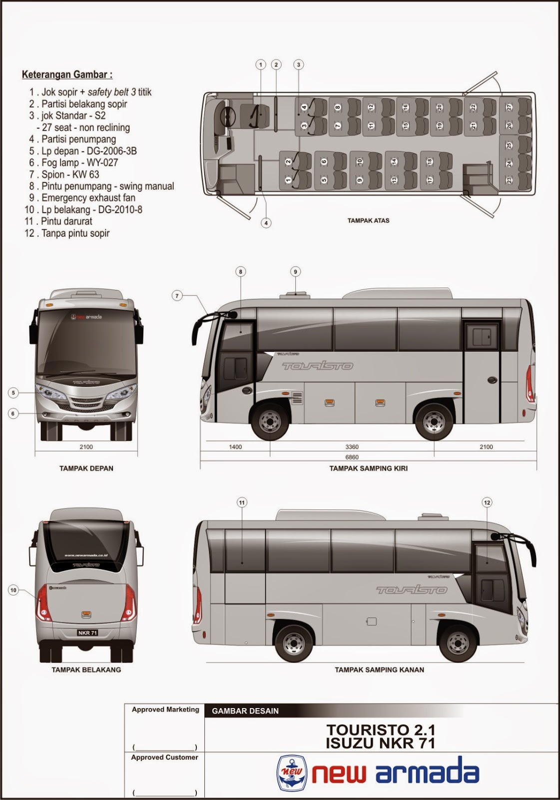 Spesifikasi Bus Touristo Isuzu NKR 71 - Karoseri New Armada
