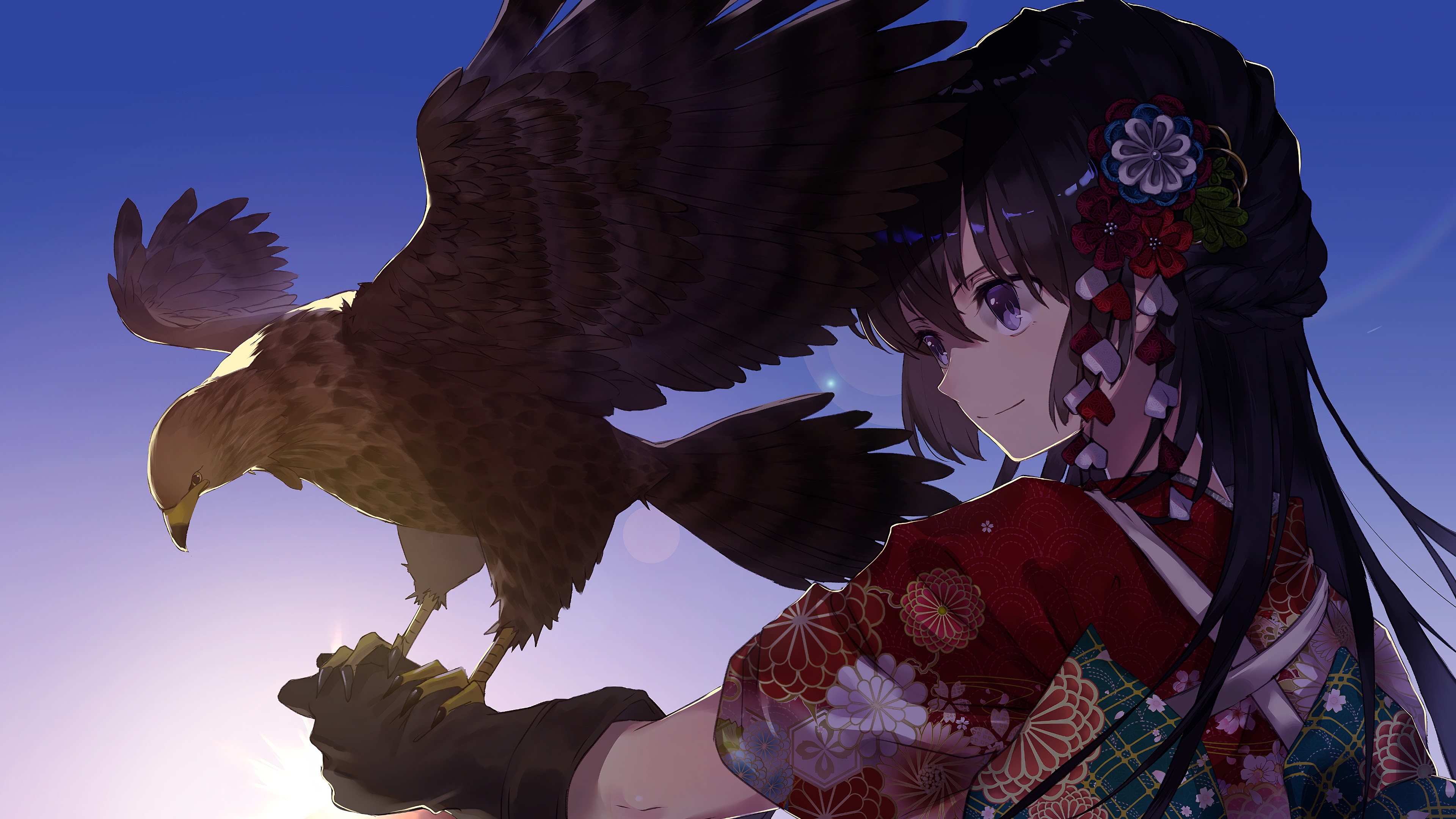 Anime, Girl, Bird, Falcon, Animal, 4K, #99 Wallpaper PC Desktop
