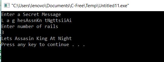 All C Programs: Program 223:Decryption of Rail Fence Cipher using C