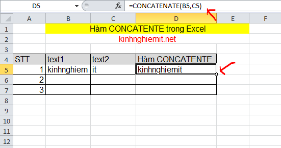 Cách sử dụng hàm CONCATENATE trong excel