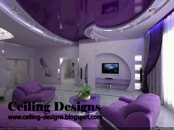 purple gypsum false ceiling for living room with lights