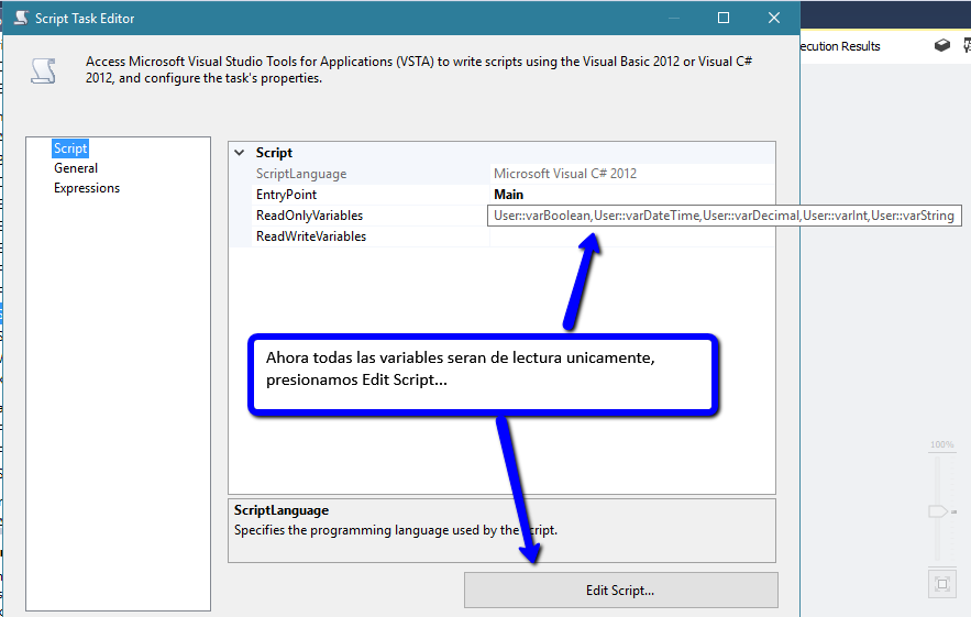 SSIS, PASANDO VARIABLES A OBJETOS SCRIPT TASK ~ SQL SERVER