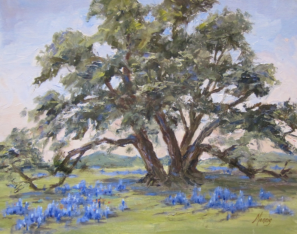 Daily Painters of Texas: Oak Tree and Bluebonnets by Elaine Monnig