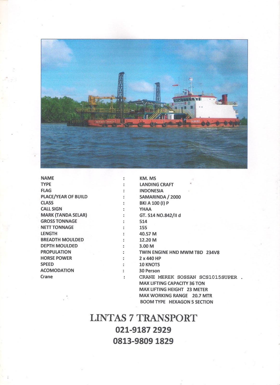 Pusat Sewa Tongkang | 0813 9809 1829: LCT WORK BARGE 500 DWT